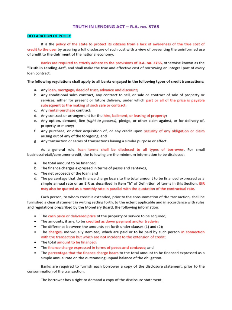 Truth in Lending Act RA No. 3765 | PDF | Truth In Lending Act | Loans