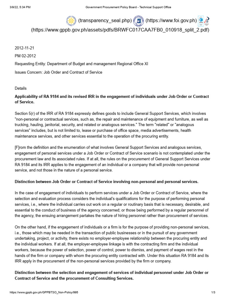 GPPB Policy Matter 02-2012 On JO and COS | PDF | Procurement | Judiciaries