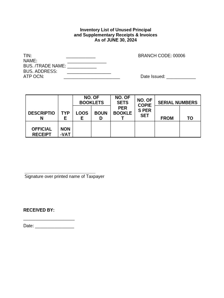 Inventory List of Unused Official Receipts | PDF
