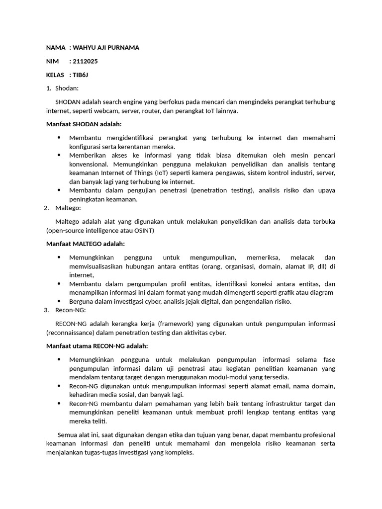 Wahyu Aji Purnama - Tugas 4 - Manfaat Tools Shodan, Maltego, Recon-Ng | PDF