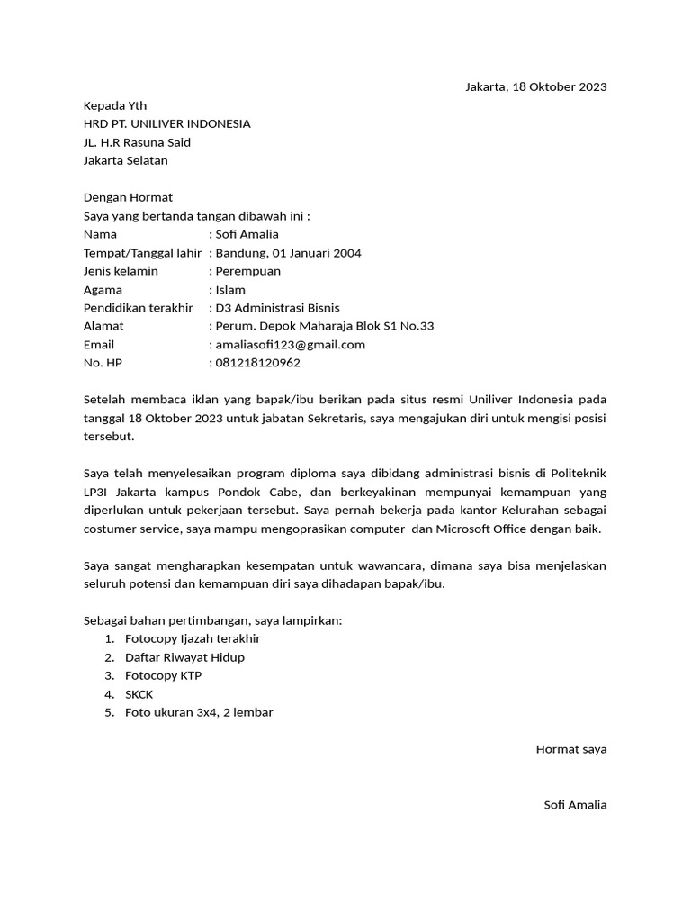 Surat Lamaran Sofi | PDF