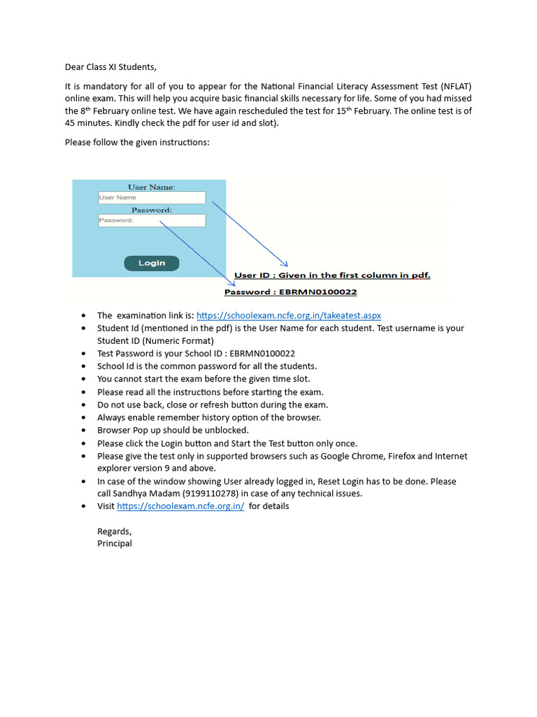NFLAT Exam Instructions for Class XI Students | PDF
