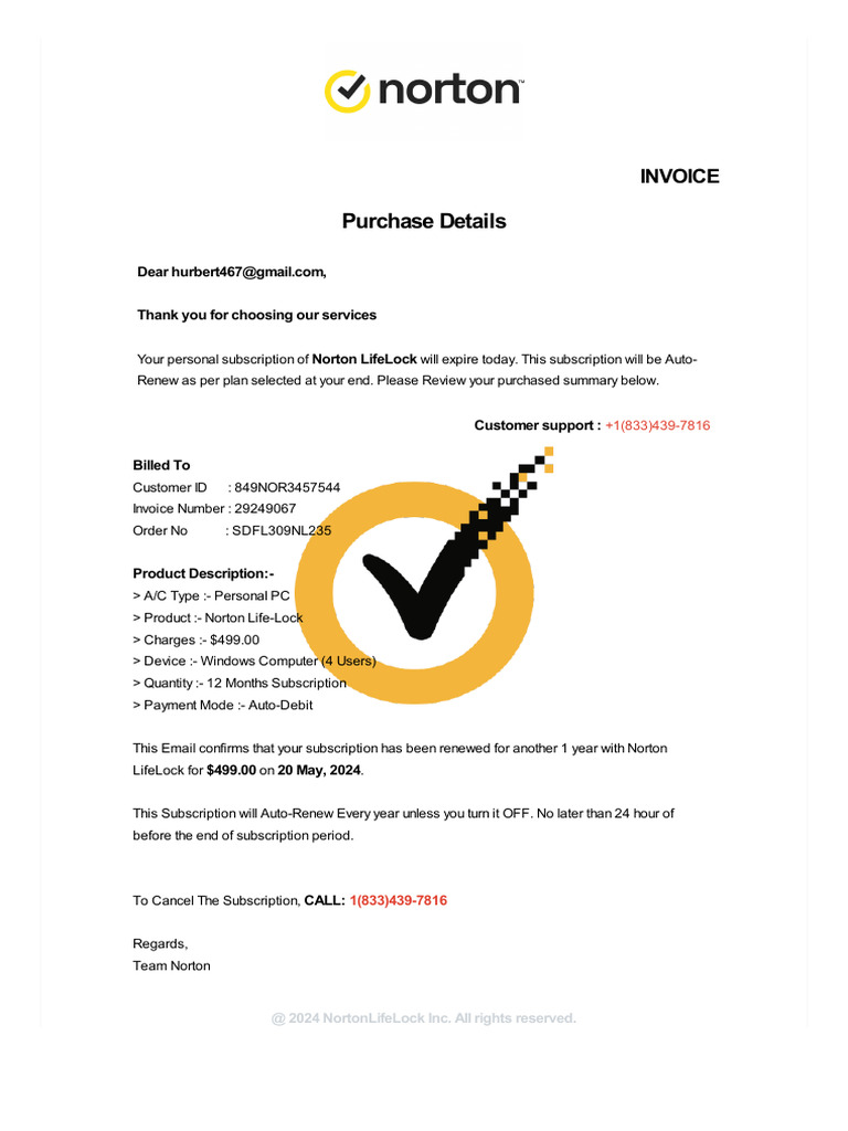 Norton LifeLock Renewal Invoice | PDF