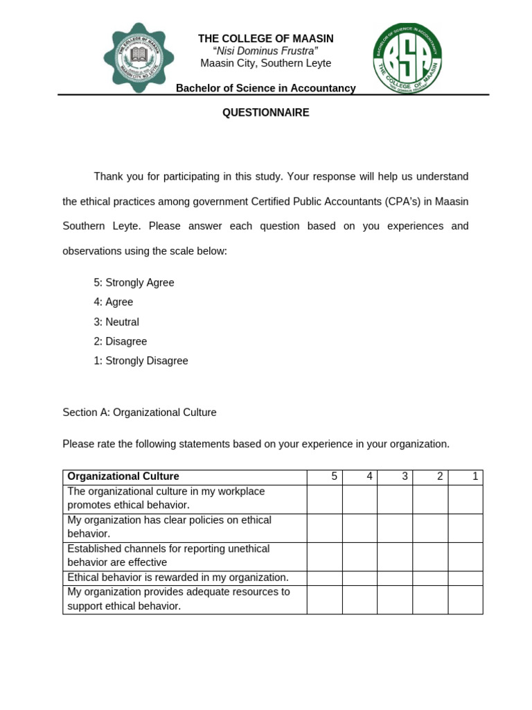 QUESTIONNAIRE | PDF | Leadership | Certified Public Accountant