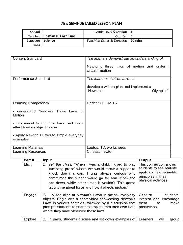 Sample 7E Lesson Plan | PDF | Force | Learning