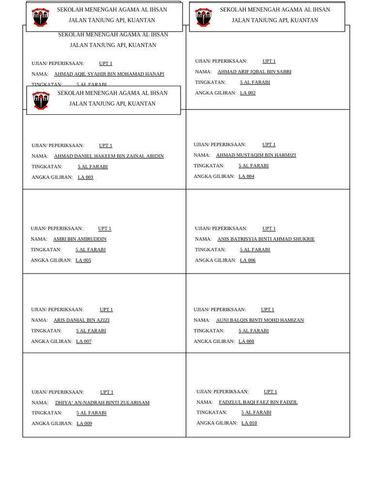 Label Meja Exam | PDF
