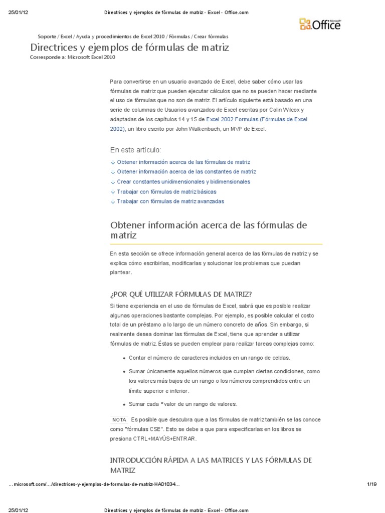 Directrices y Ejemplos de Fórmulas de Matriz - Excel - Office | PDF ...