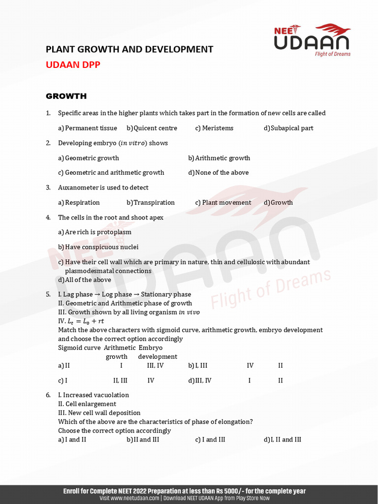 PLANT GROWTH AND DEVELOPMENT UDAAN DDP | PDF | Plant Hormone | Auxin
