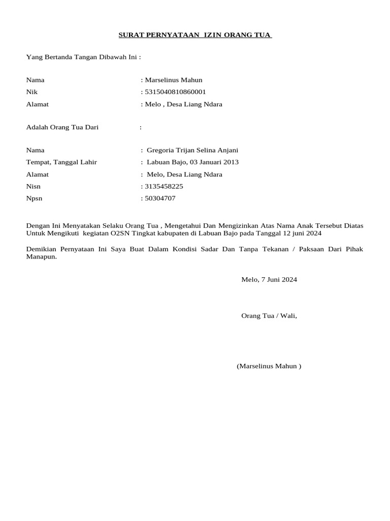 Surat Pernyataan Orangtua Calon Atlet 2023 | PDF