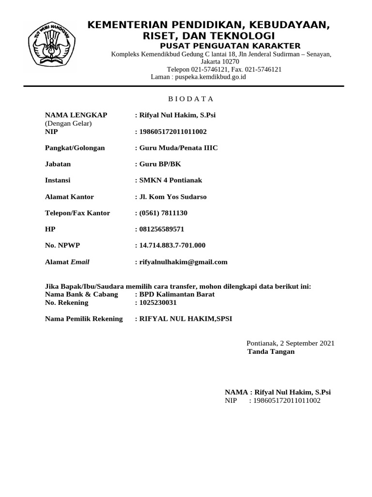 Form Biodata - Rek | PDF