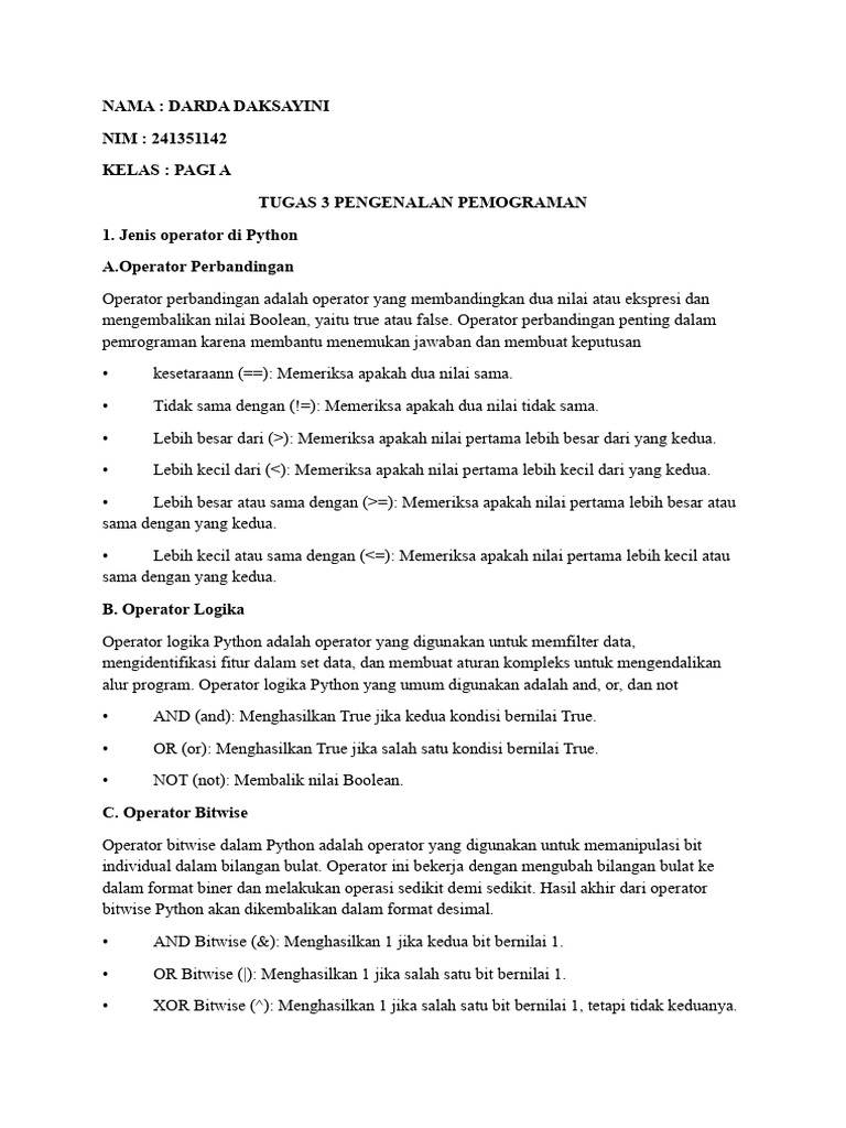 Jenis Operator dalam Pemrograman Python | PDF