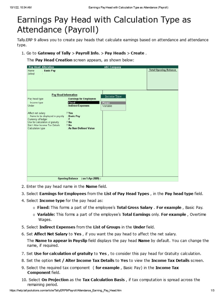 Earnings Pay Head With Calculation Type As Attendance (Payroll) BASIC PAY | PDF | Payroll | Expense