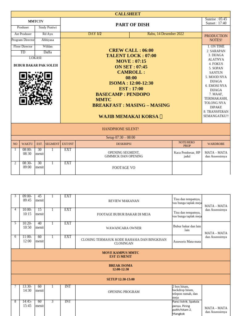 Callsheet MMTCTV | PDF