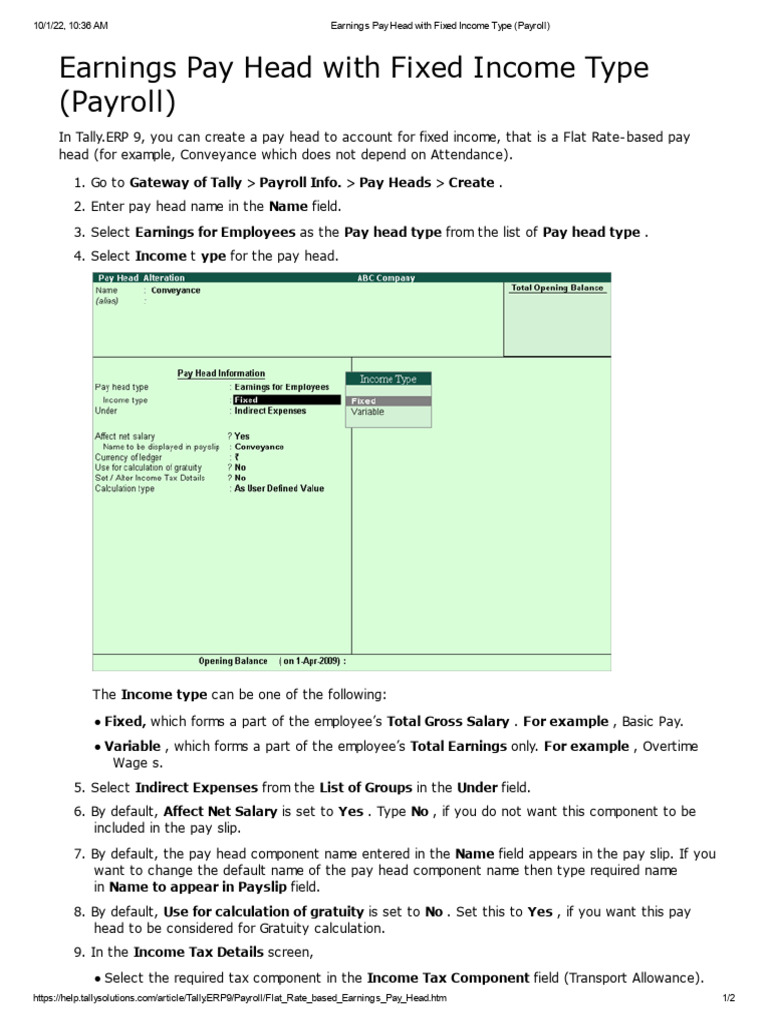 Earnings Pay Head With Fixed Income Type (Payroll) CONVENCE | PDF ...
