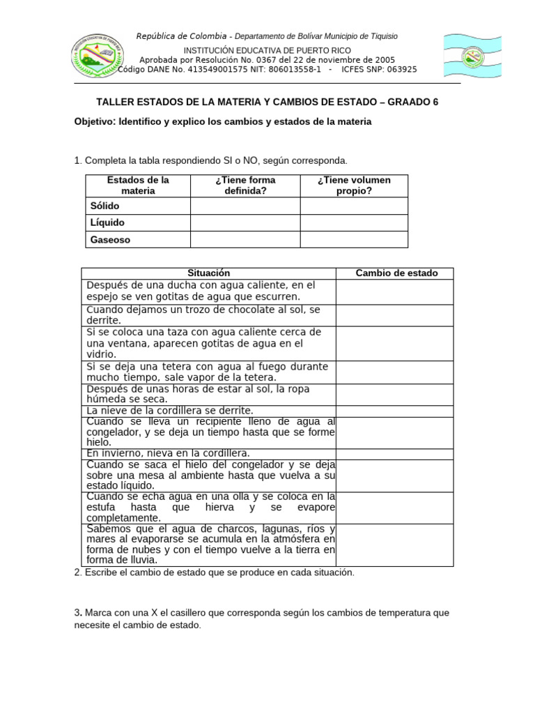Taller Estados de La Materia y Cambios de Estado - Grado 6 | PDF | Agua ...