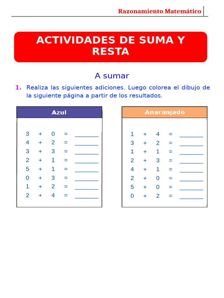 Actividades de Suma y Resta para Primer Grado | PDF