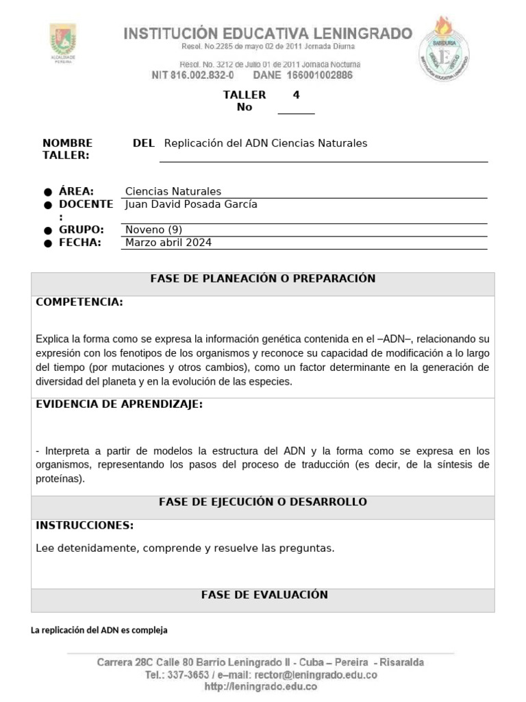 Grado 9 Taller 04 Replicacion Del ADN | PDF | Adn | Replicación De Adn