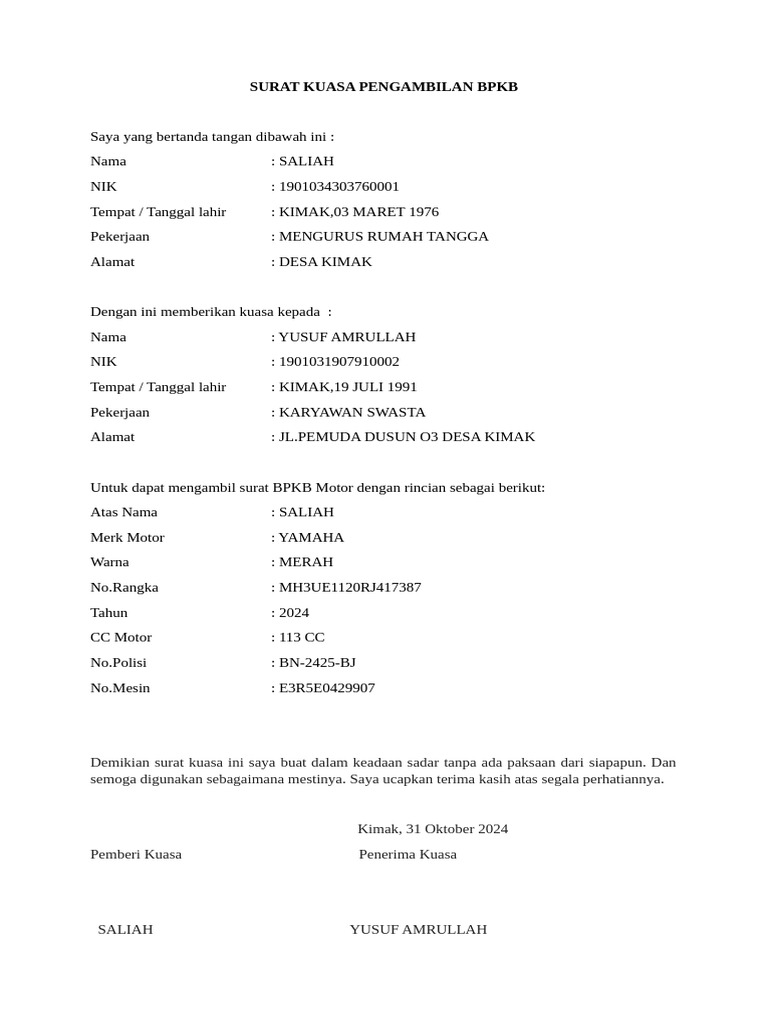 Surat Kuasa Pengambilan BPKB | PDF