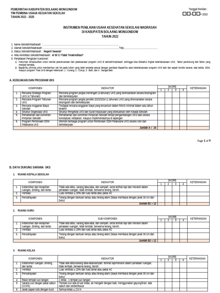 Instrumen Penilaian Program UKS TK-RA - SD-MI - SMP-MTs BolMong 2023 | PDF