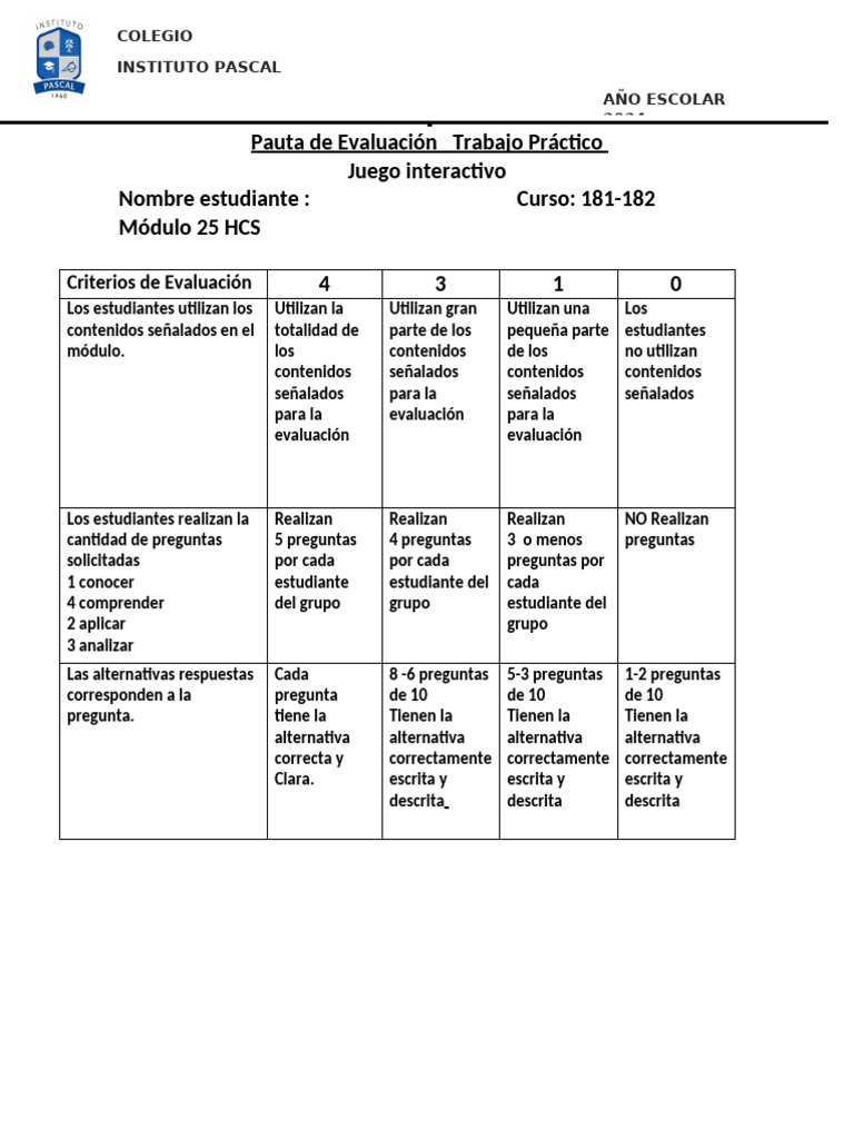 Pauta de Evaluación Trabajo Interactivo 181-182 | PDF | Comunicación humana