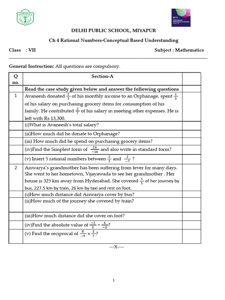 G7 Ch-4 Rational Numbers-QP (Case Study) | PDF | Economies