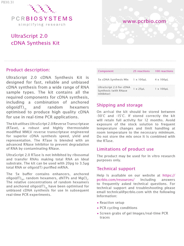 PB30.31 UltraScript 2.0 cDNA Synthesis Kit v1.4 | PDF | Complementary Dna | Real Time Polymerase ...