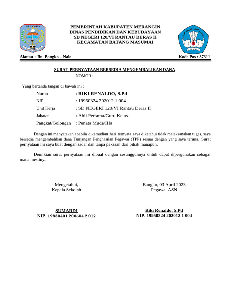 Surat Bersedia Mengembalikan Dana | PDF