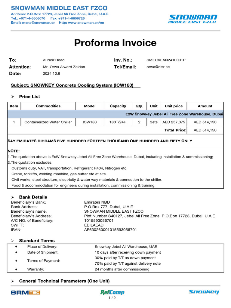 Snowkey Water Chiller - Proforma Invoice | PDF | Heat Exchanger | Heat Transfer