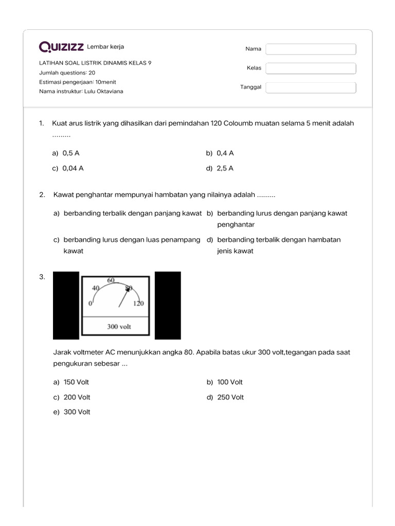 LATIHAN SOAL LISTRIK DINAMIS KELAS 9 - Quizizz | PDF | Sains & Matematika