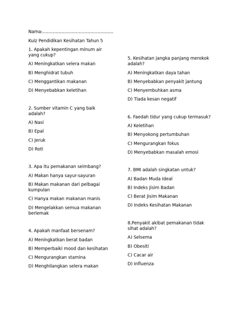 Kuiz Pendidikan Kesihatan Tahun 5 | PDF | Kesehatan Holistik | Gaya Hidup
