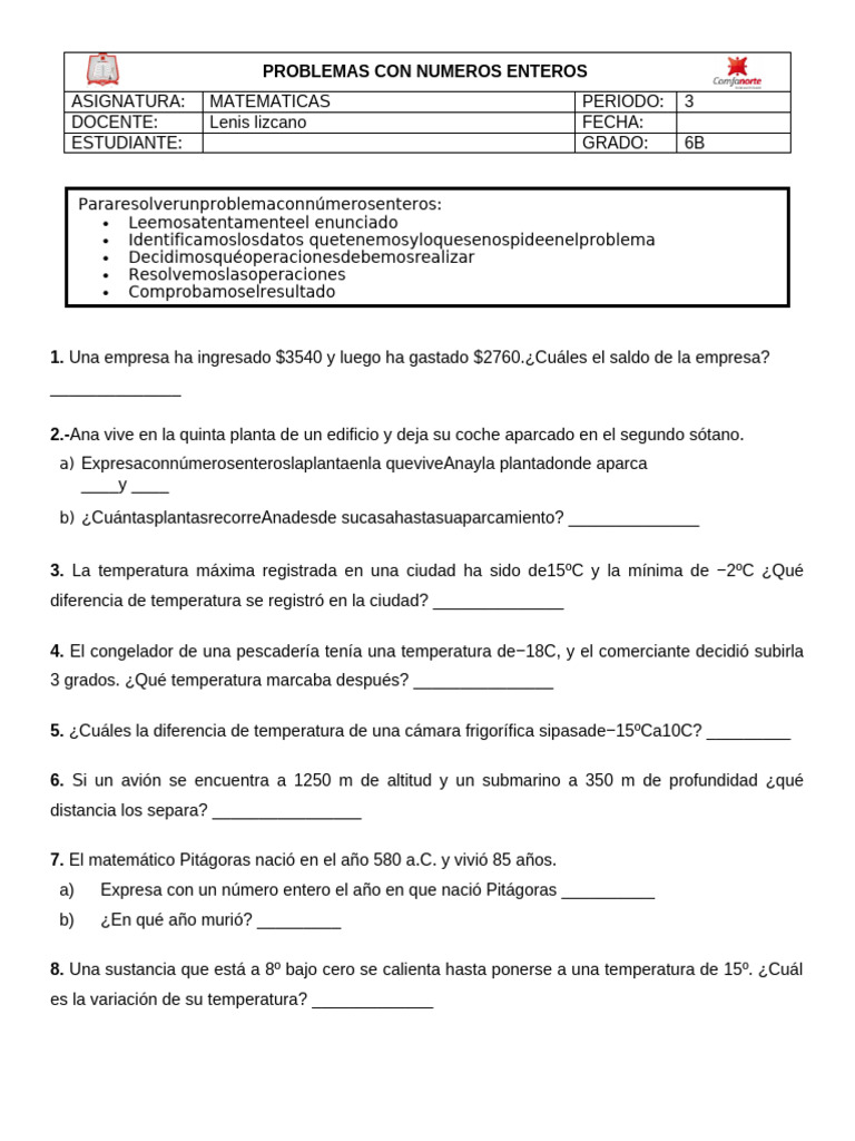 Sem 22 Problemas Con Numeros Enteros 2 | PDF