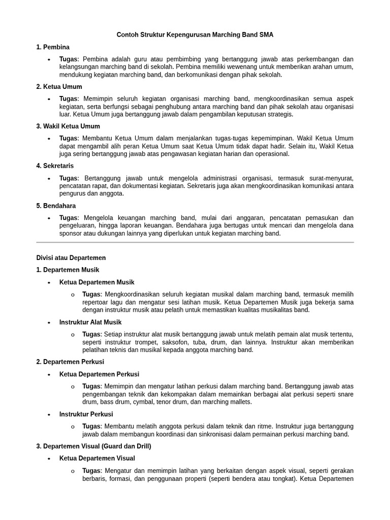 Contoh Struktur Kepengurusan Marching Band SMA | PDF