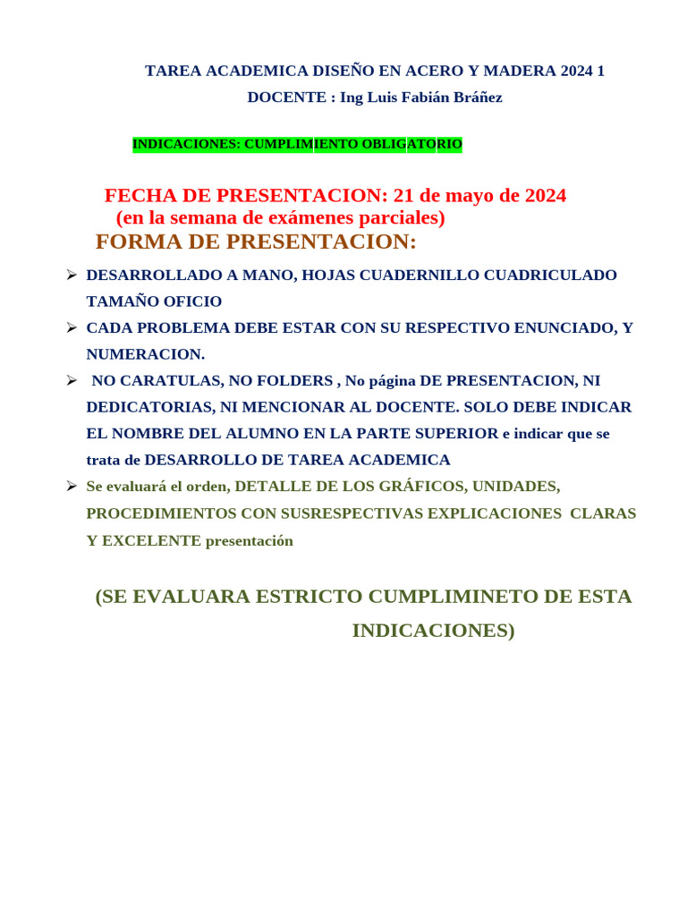 (Resuelto) Tarea Academica de Diseño en Acero y Madera 2024 I | PDF