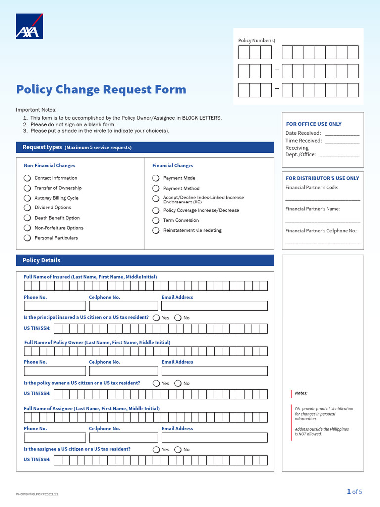 AXA Policy Change Request Form | PDF | Insurance | Identity Document