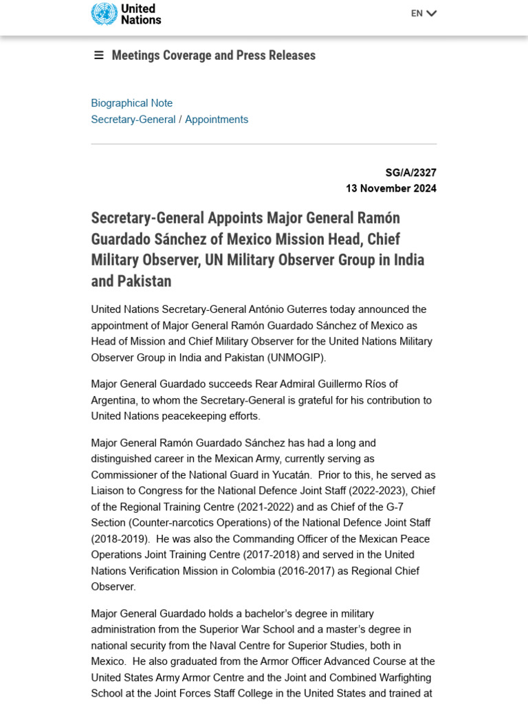 Major General Guardado Appointed UNMOGIP Chief | PDF