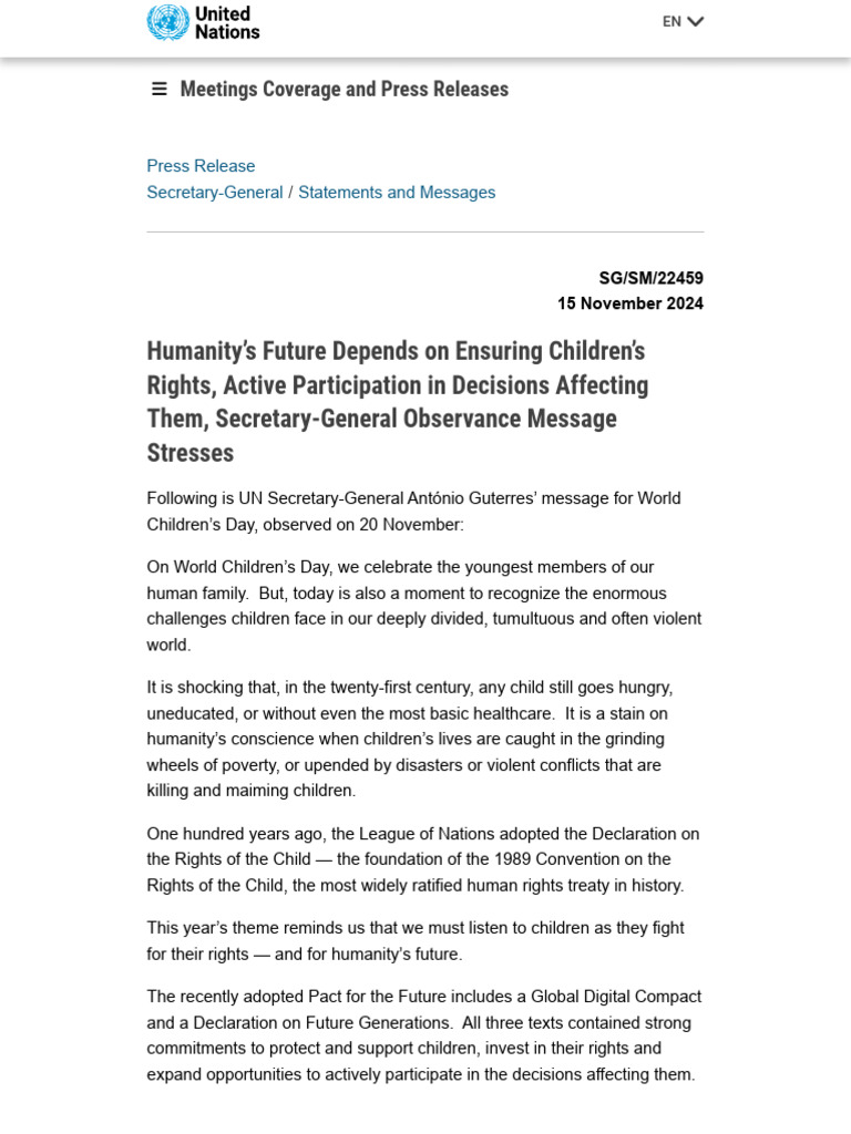Humanity's Future Depends On Ensuring Children's Rights, Active Participation in Decisions ...
