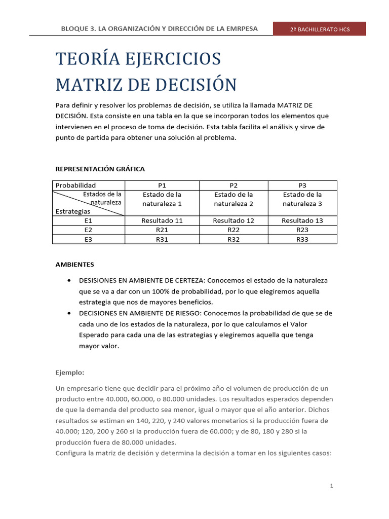 Teoría Ejercicios Matriz de Decisión | PDF | Matriz (Matemáticas)