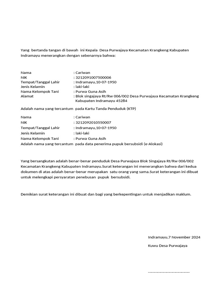 Surat Keterangan Perbedaan Nik | PDF