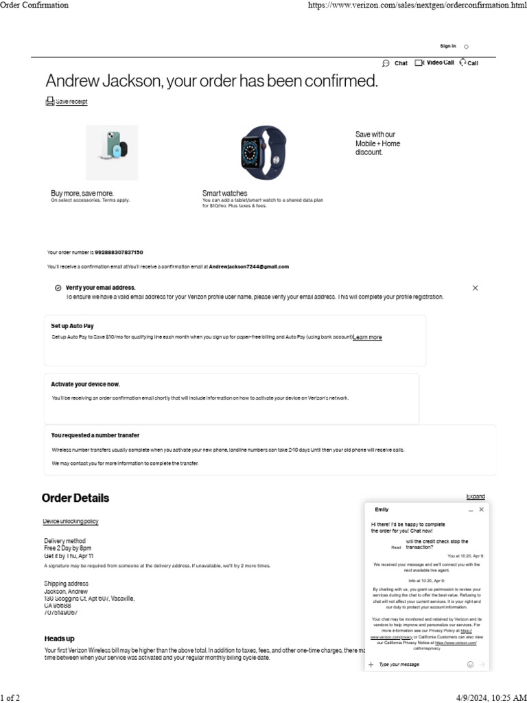 Order Confirmation | PDF | Verizon Communications | Fee