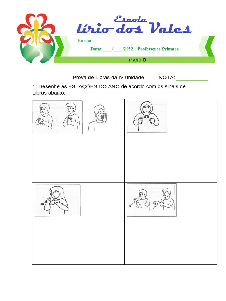 Prova de Libras Da IV Unidade 1 Ano B | PDF