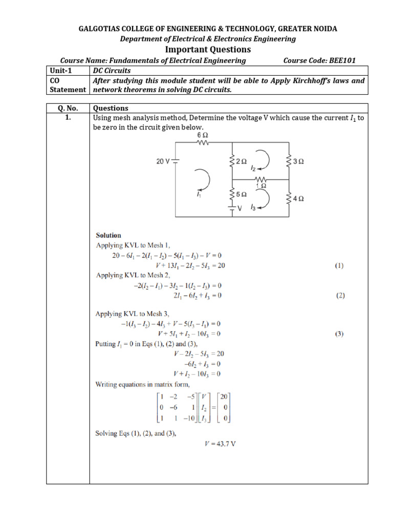 BEE101 Electrical Important Questions Solutions | PDF | Electric Motor | Transformer
