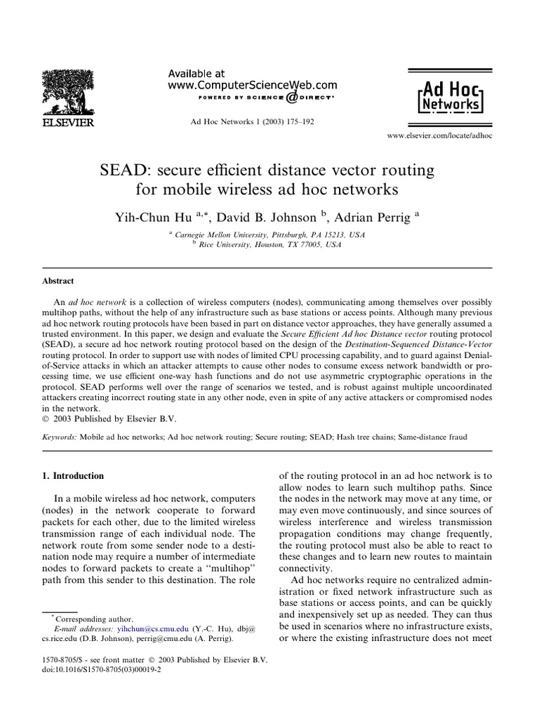 2003 Elsevier SEAD Secure Efficient Distance Vector Routing For Mobile ...