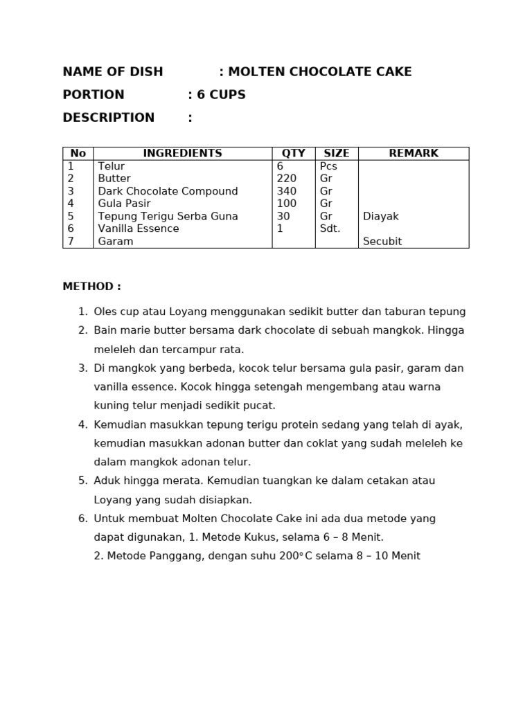 Resep Molten Chocolate Cake | PDF | Memasak, Makanan, & Anggur