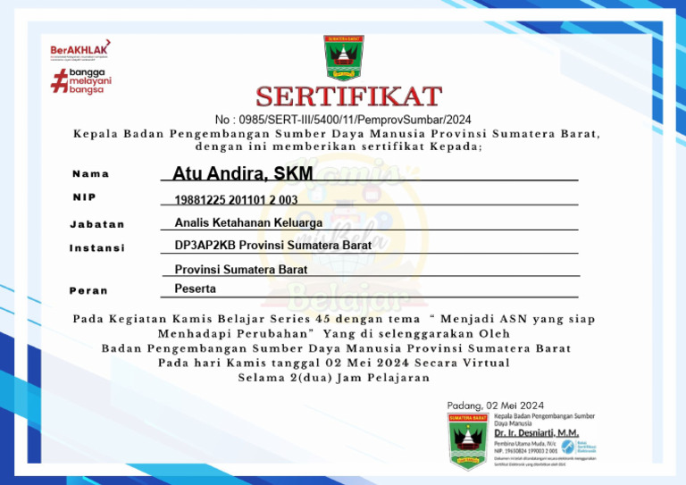 Sertifikat Atu Andira, SKM | PDF