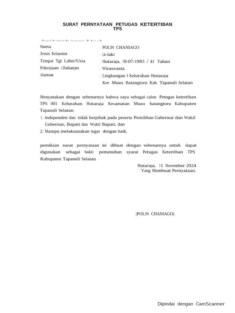 Surat Pernyataan PAM Hutaraja | PDF