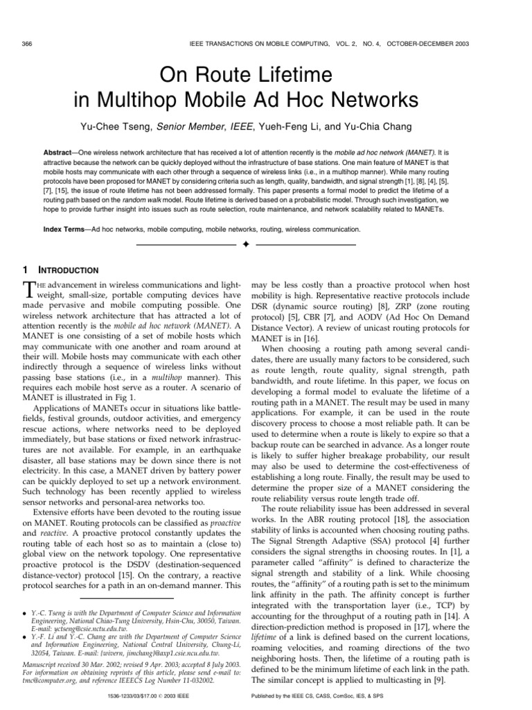 2003-IEEE-On Route Lifetime in Multihop Mobile Ad Hoc Networks | PDF | Wireless Ad Hoc Network ...