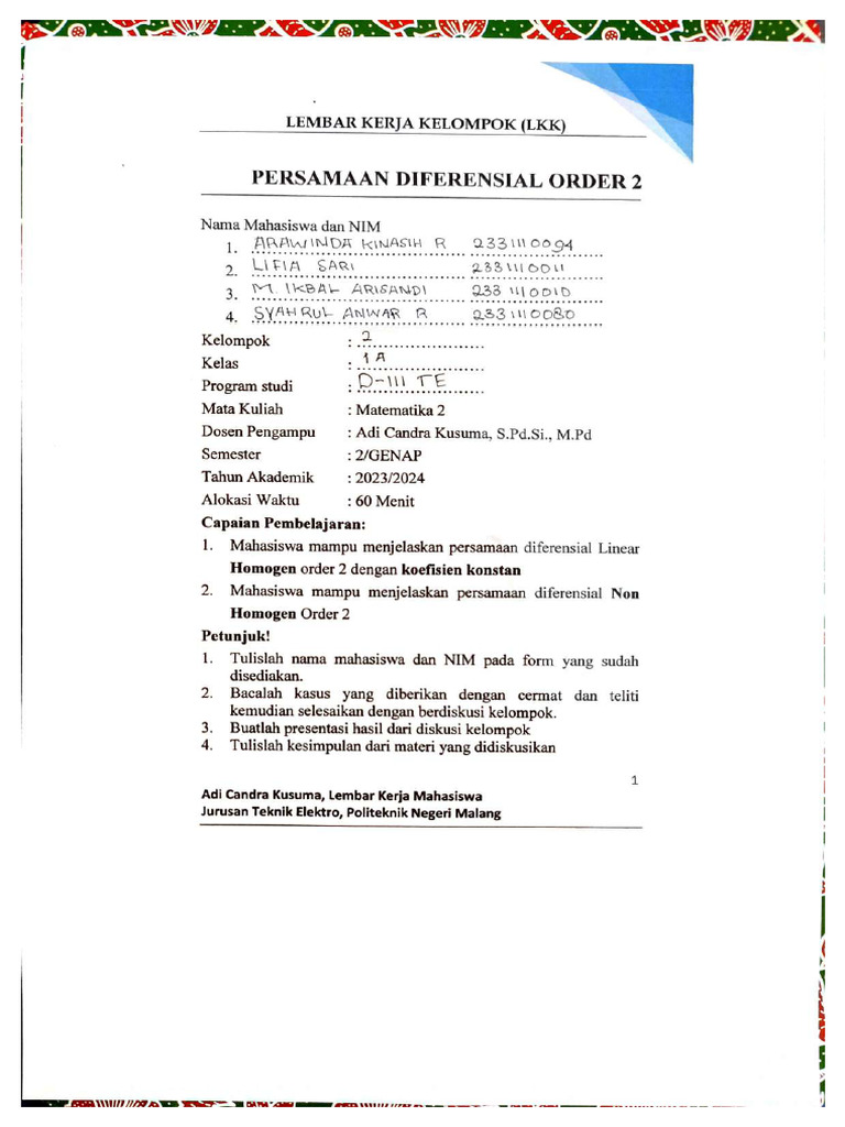 SYAHRUL ANWAR ROZIQIN - D3TE - 1A - 24 - PERSAMAAN DIFERENSIAL ORDER 2 - Compressed | PDF