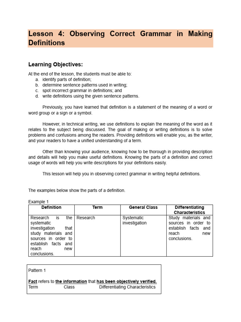 Lesson 4 Observing Correct Grammar in Making Definitions | PDF | Subject (Grammar) | Grammatical ...