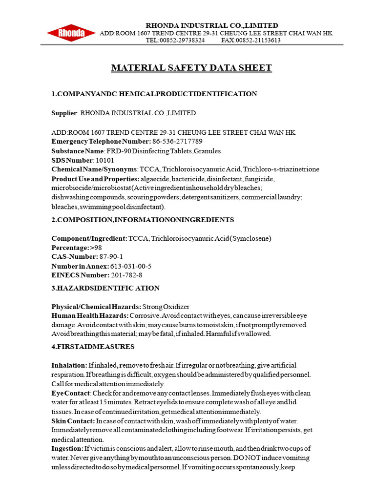 MSDS TCCA | PDF | Chlorine | Ammonia