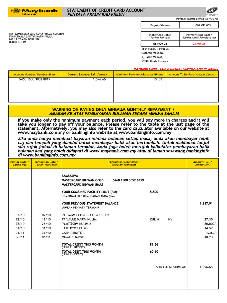 Maybank Credit Card Statement Nov 2024 | PDF | Banking Technology | Corporate Jargon